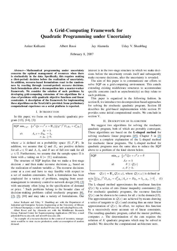 (PDF) A Grid-Computing Framework for Quadratic Programming under Uncertainty