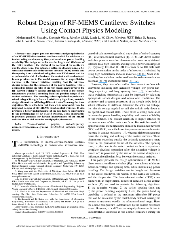 Pdf Robust Design Of Rf Mems Cantilever Switches Using Contact Physics Modeling