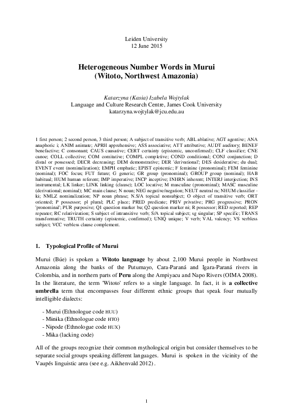 (PDF) Heterogeneous Number Words in Murui (Witoto, Northwest Amazonia ...