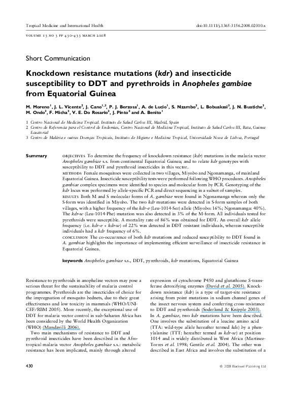 (PDF) Knockdown resistance mutations (kdr) and insecticide susceptibility to DDT and pyrethroids ...