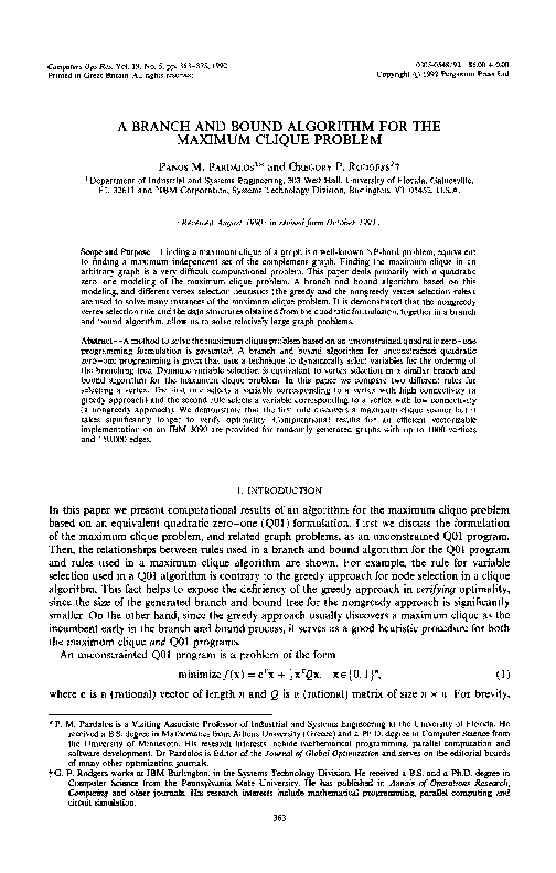Pdf A Branch And Bound Algorithm For The Maximum Clique Problem Panos Pardalos