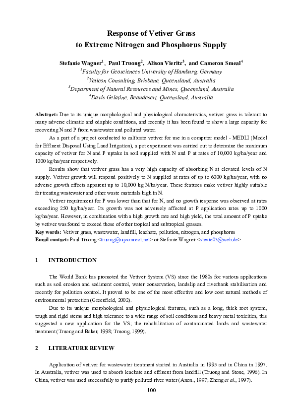 (PDF) Response of Vetiver Grass to Extreme Nitrogen and Phosphorus Supply