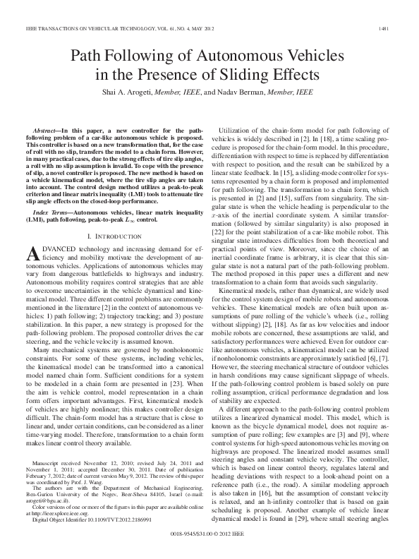 (PDF) Path Following of Autonomous Vehicles in the Presence of Sliding Effects
