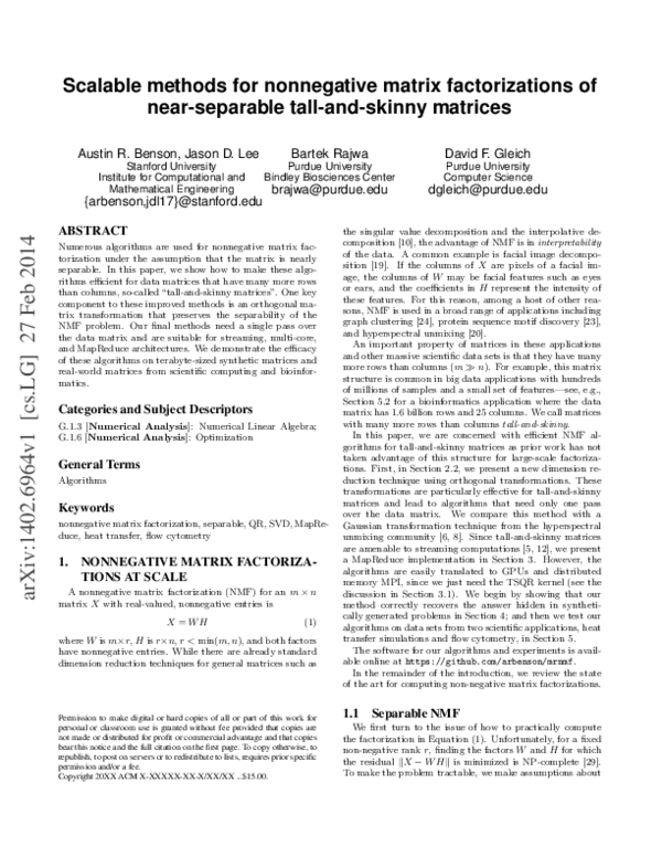 Pdf Scalable Methods For Nonnegative Matrix Factorizations Of Near Separable Tall And Skinny