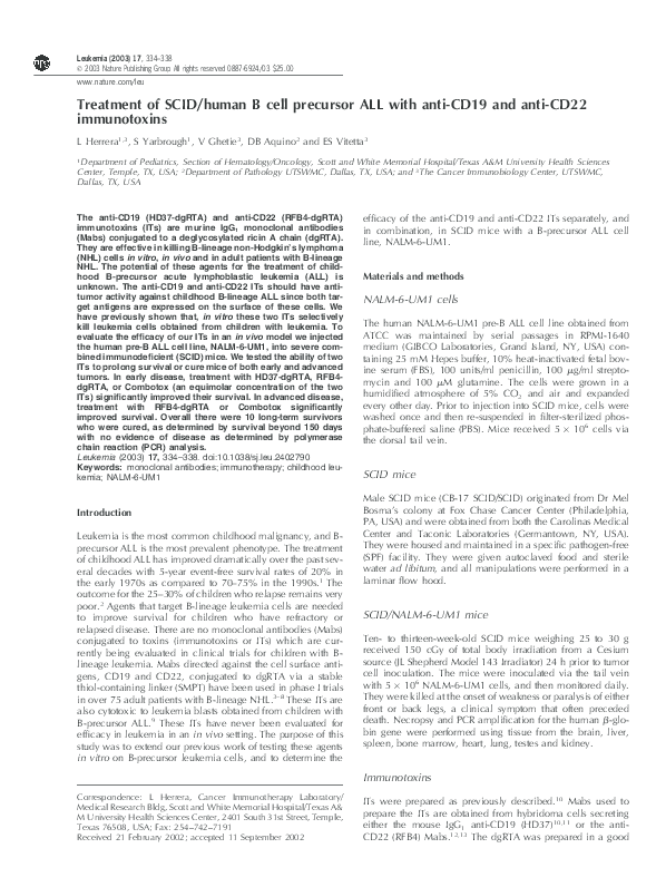 (PDF) Treatment of SCID/human B cell precursor ALL with anti-CD19 and anti-CD22 immunotoxins