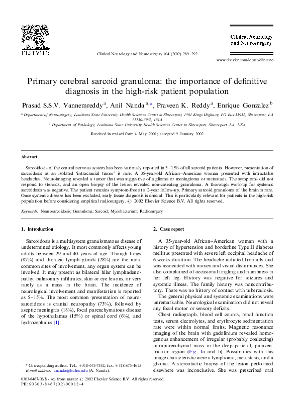 (PDF) Primary cerebral sarcoid granuloma: the importance of definitive ...