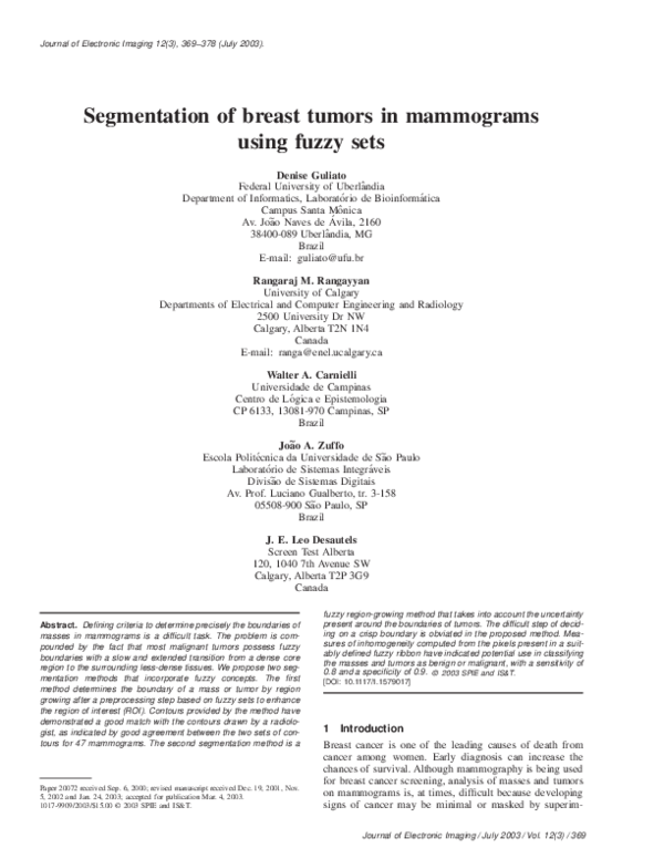 Pdf Segmentation Of Breast Tumors In Mammograms Using Fuzzy Sets