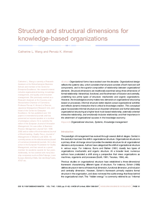 (PDF) Structure and structural dimensions for knowledge-based organizations