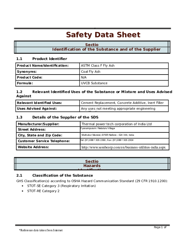 (DOC) Safety Data Sheet Identification of the Substance and of the ...