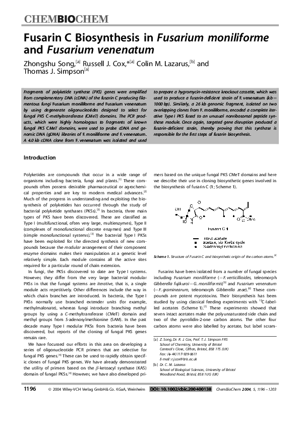 (PDF) Fusarin C Biosynthesis in Fusarium moniliforme and Fusarium venenatum