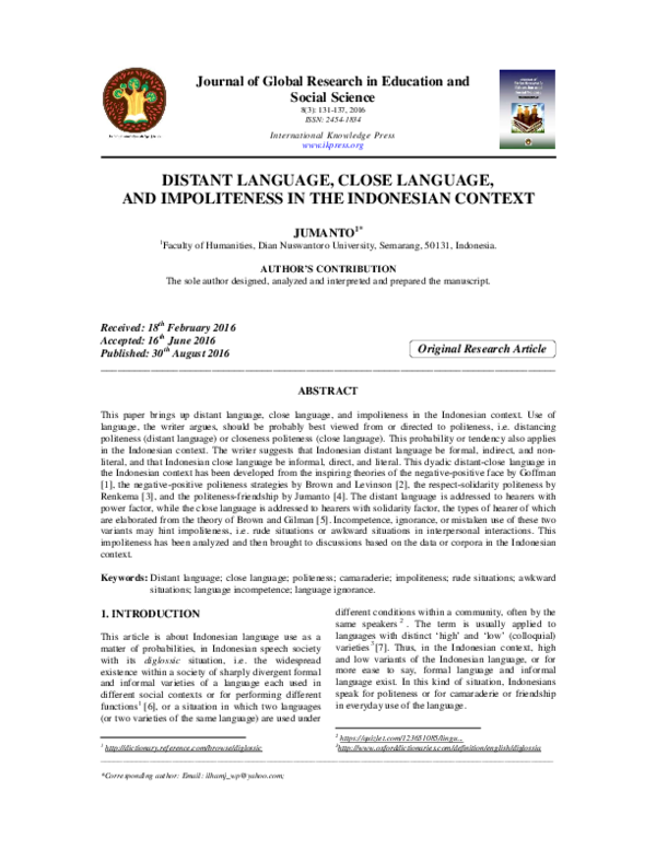 (PDF) DISTANT LANGUAGE, CLOSE LANGUAGE, AND IMPOLITENESS IN THE ...