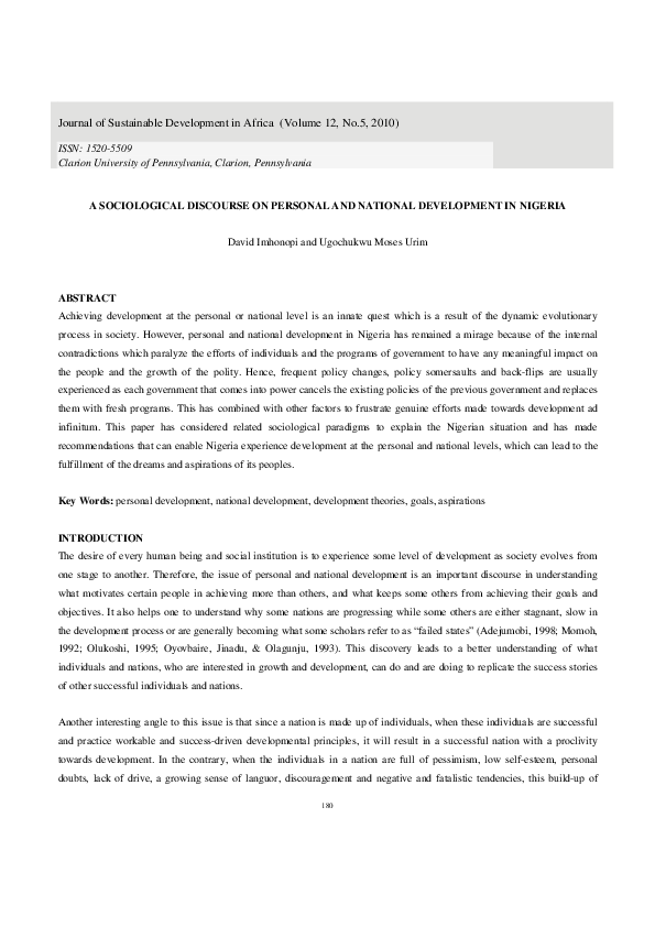 (PDF) A Sociological Discourse on Personal and National Development in ...