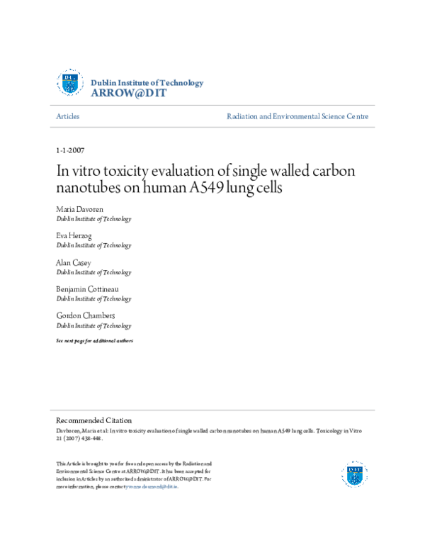 (PDF) In vitro toxicity evaluation of single walled carbon nanotubes on human A549 lung cells