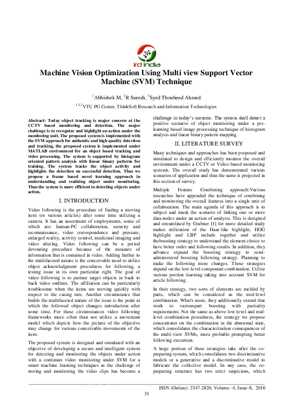 Pdf Machine Vision Optimization Using Multi View Support Vector Machine Svm Technique