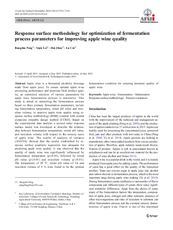 (PDF) Response surface methodology for optimization of fermentation process parameters for ...