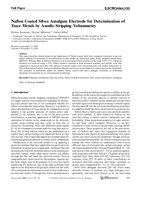 (PDF) Nafion Coated Silver Amalgam Electrode for Determination of Trace ...