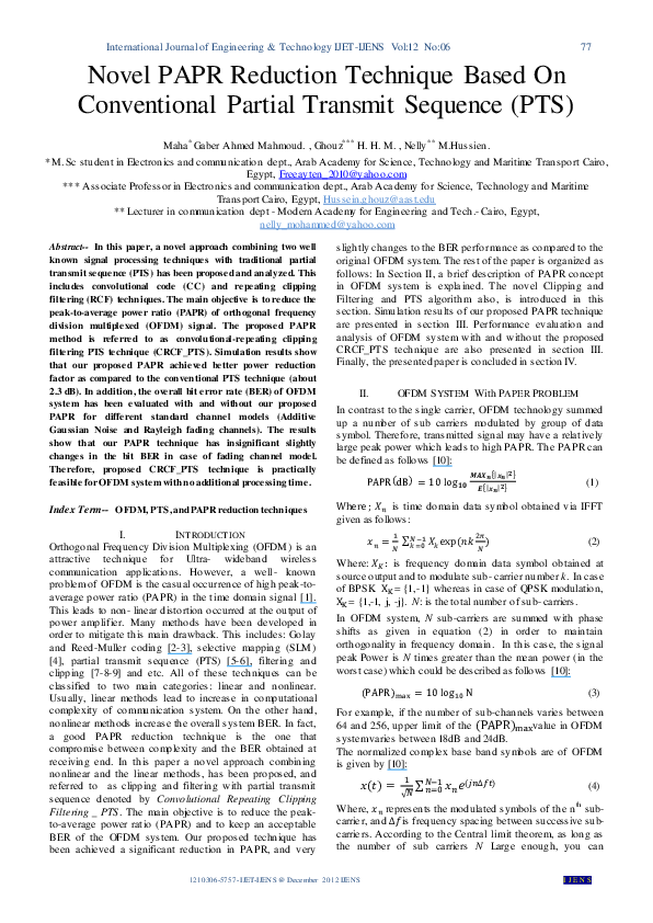 Pdf Novel Papr Reduction Technique Based On Conventional Partial Transmit Sequence Pts