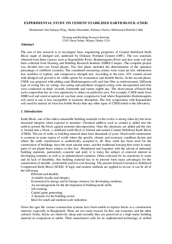 (PDF) EXPERIMENTAL STUDY ON CEMENT STABILIZED EARTH BLOCK (CSEB ...