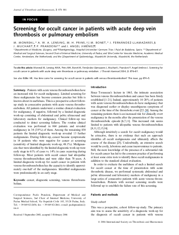 (PDF) Screening for occult cancer in patients with acute deep vein ...