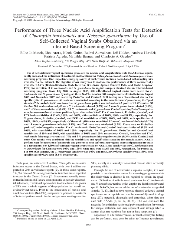 (PDF) Use of self-collected vaginal specimens for detection of Chlamydia trachomatis infection*1 ...