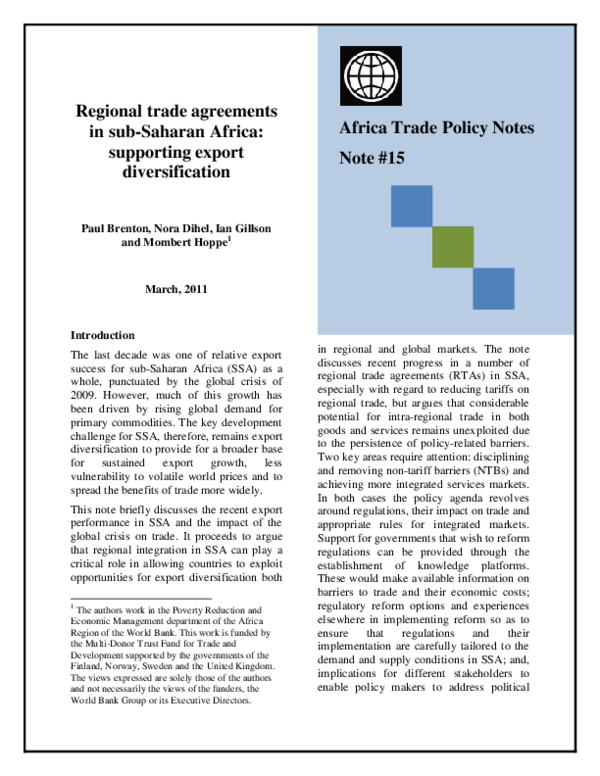 (PDF) Regional trade agreements in sub-Saharan Africa: supporting ...
