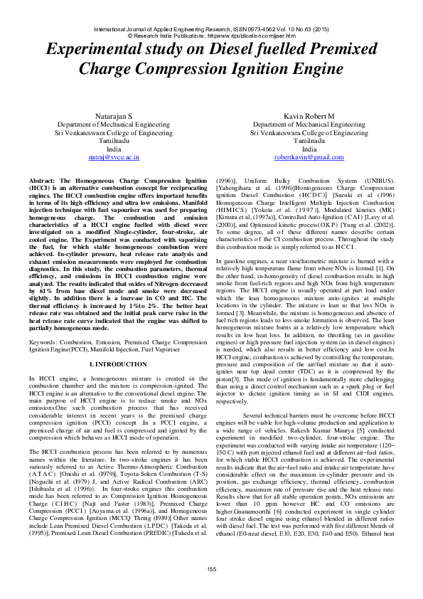 (PDF) Experimental study on Diesel fuelled Premixed Charge Compression Ignition Engine
