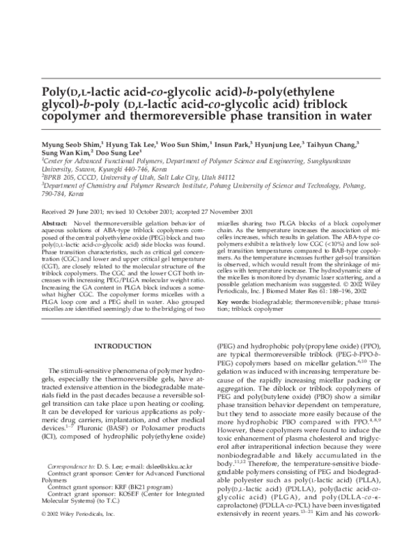 (PDF) Poly(D,L-lactic acid-co-glycolic acid)-b-poly(ethylene glycol)-b-poly (D,L-lactic acid-co ...