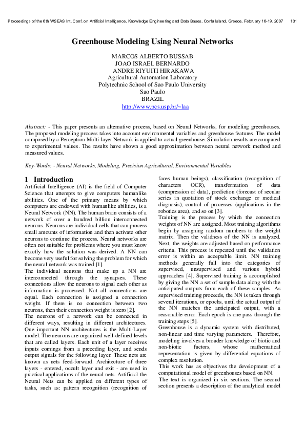 Pdf Neural Network Models For Greenhouse Efficiency 