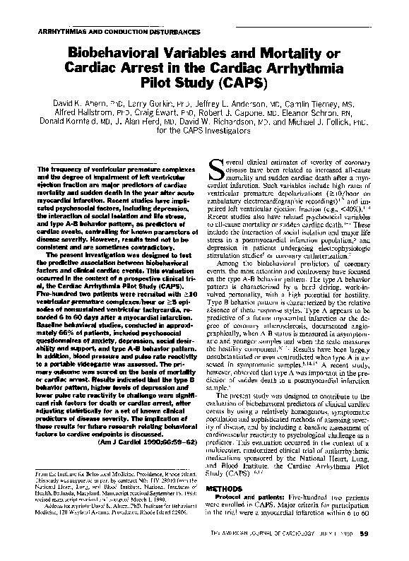 Pdf Biobehavioral Variables And Mortality Or Cardiac Arrest In The Cardiac Arrhythmia Pilot