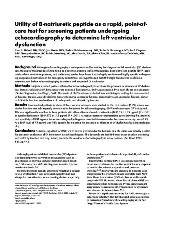 (PDF) Utility of B-natriuretic peptide as a rapid, point-of-care test ...
