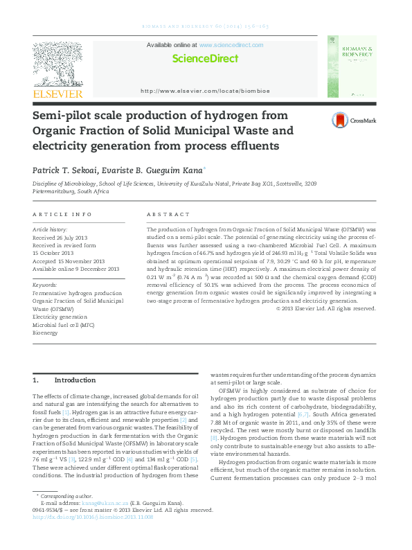 (PDF) Semi-pilot scale production of hydrogen from Organic Fraction of ...