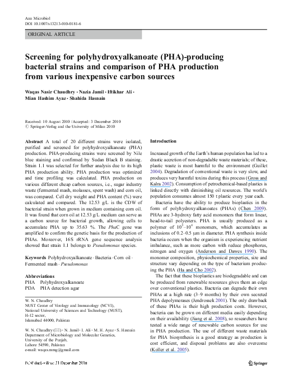 (PDF) Screening for polyhydroxyalkanoate (PHA)-producing bacterial strains and comparison of PHA ...