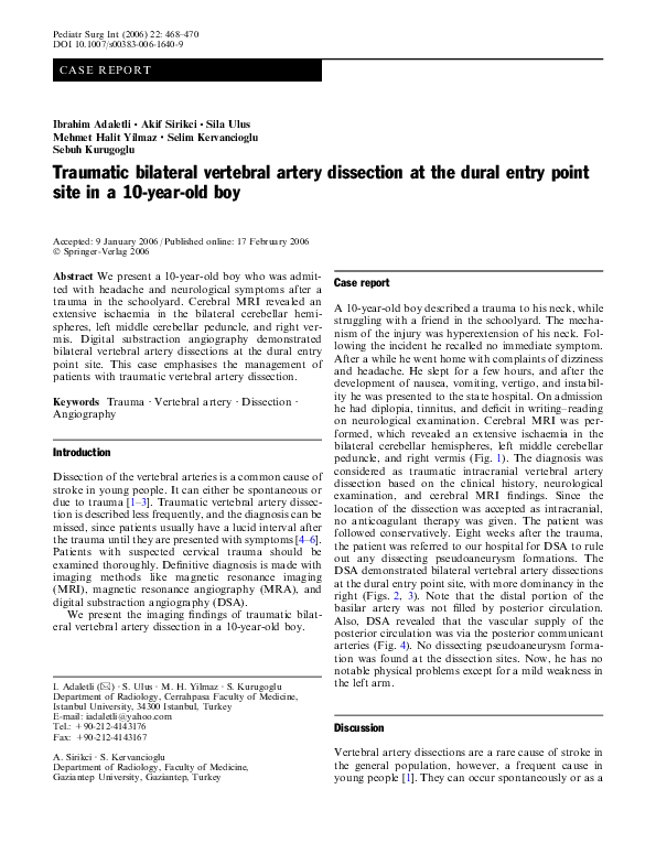 (PDF) Traumatic bilateral vertebral artery dissection at the dural ...