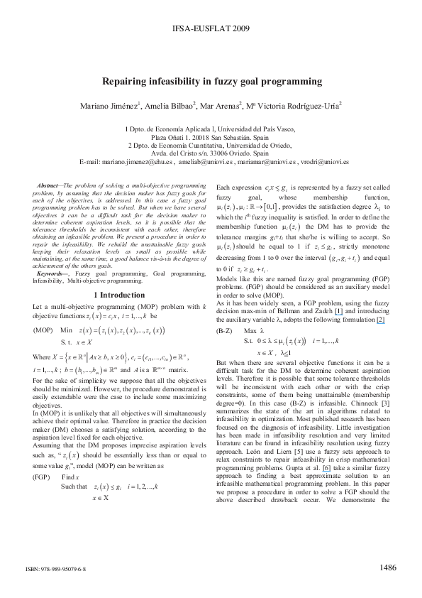 (PDF) Repairing Infeasibility in Fuzzy Goal Programming (PDF) Repairing Infeasibility in Fuzzy Goal Programming