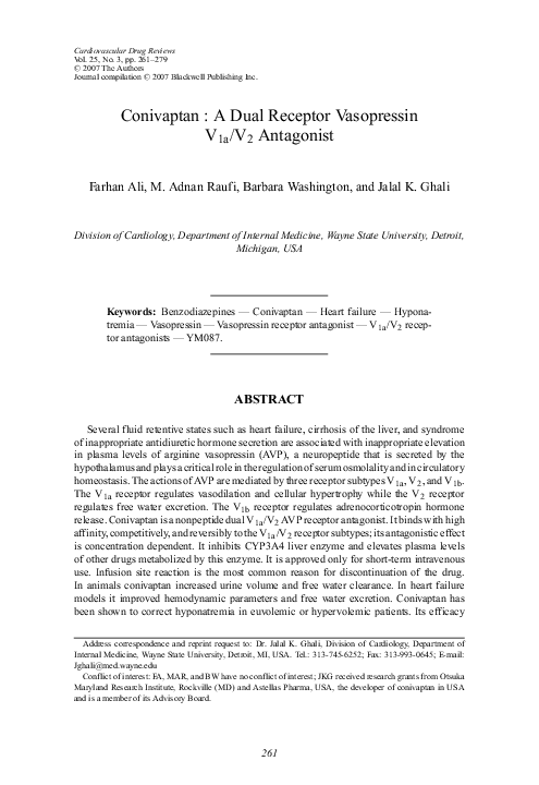 (PDF) Conivaptan: A Dual Receptor Vasopressin V 1a /V 2 Antagonist