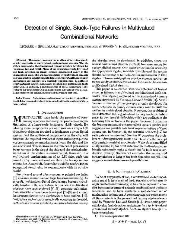 (PDF) Detection of Single, Stuck-Type Faulures in Multivalued Combinational Networks