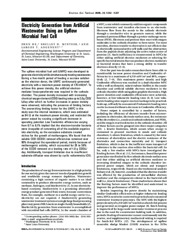 (PDF) Electricity Generation from Artificial Wastewater Using an Upflow ...