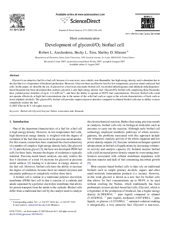 (PDF) Development of glycerol/O 2 biofuel cell