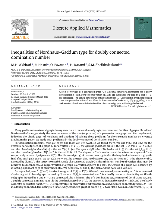 (PDF) Inequalities of Nordhaus-Gaddum type for doubly connected domination number