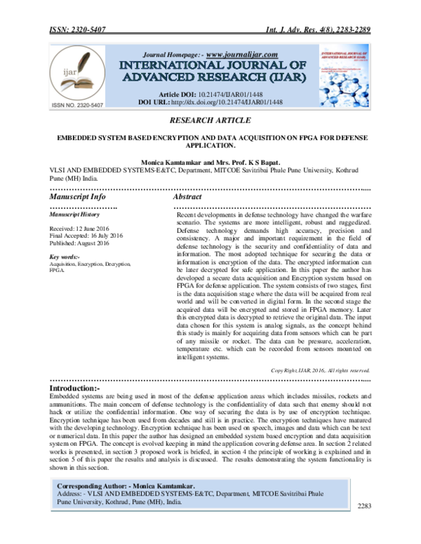 (PDF) EMBEDDED SYSTEM BASED ENCRYPTION AND DATA ACQUISITION ON FPGA FOR ...
