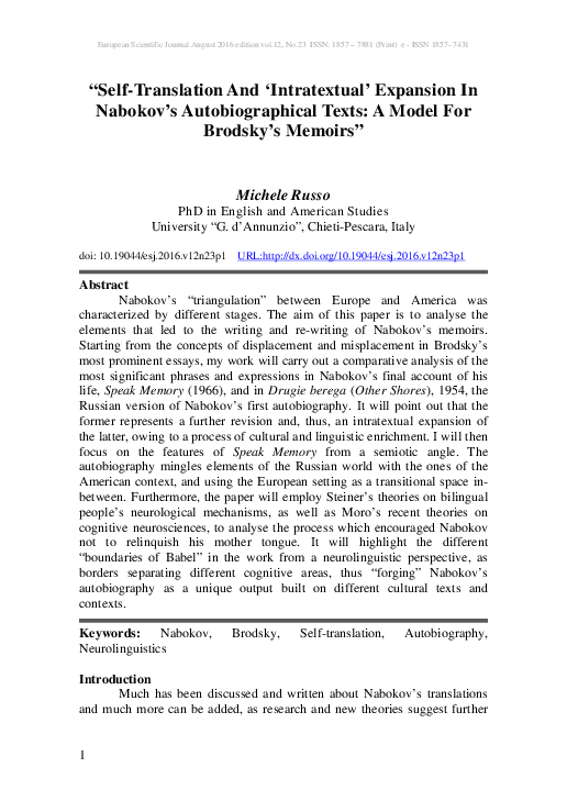 (PDF) " Self-Translation And 'Intratextual' Expansion In Nabokov's ...
