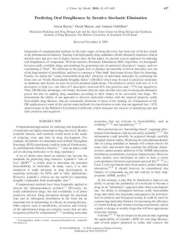 (PDF) Predicting Oral Druglikeness by Iterative Stochastic Elimination