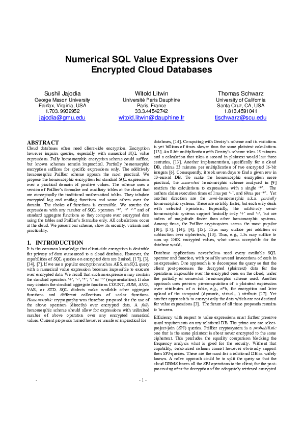 (PDF) Numerical SQL Value Expressions Over Encrypted Cloud Databases