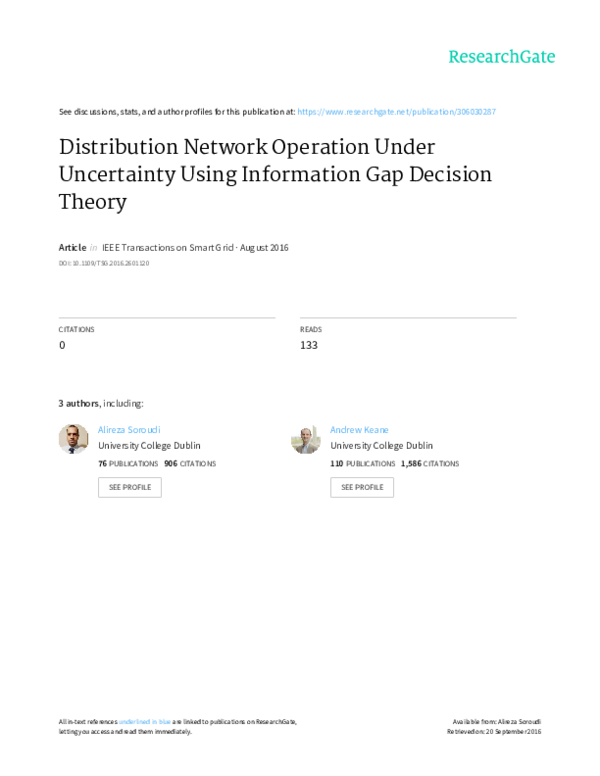 (PDF) Distribution Network Operation Under Uncertainty Using Information Gap Decision Theory ...