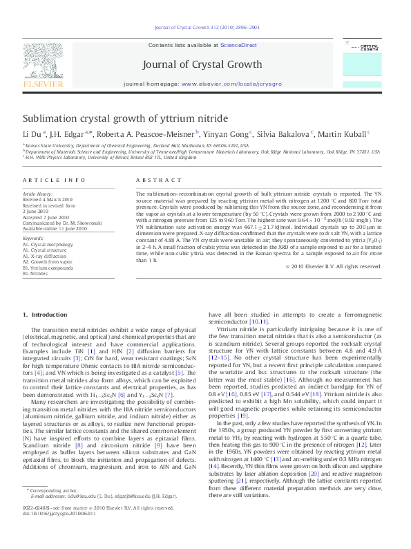 (PDF) Sublimation crystal growth of yttrium nitride