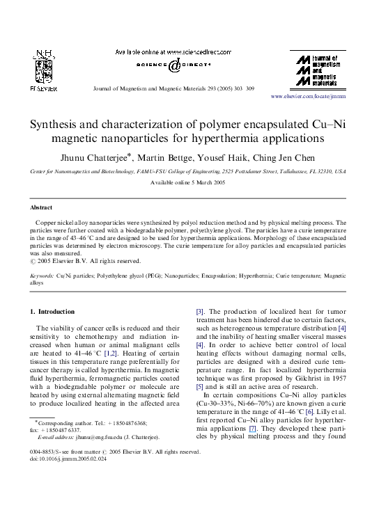 (PDF) Synthesis and characterization of polymer encapsulated Cu–Ni magnetic nanoparticles for ...