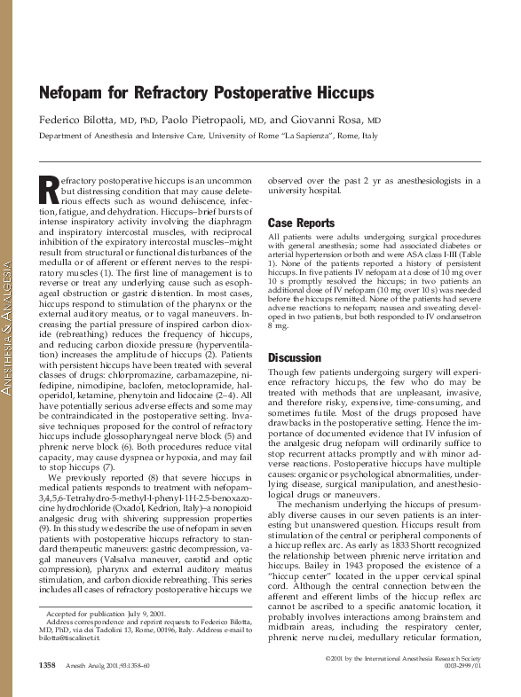 (PDF) Nefopam for Refractory Postoperative Hiccups