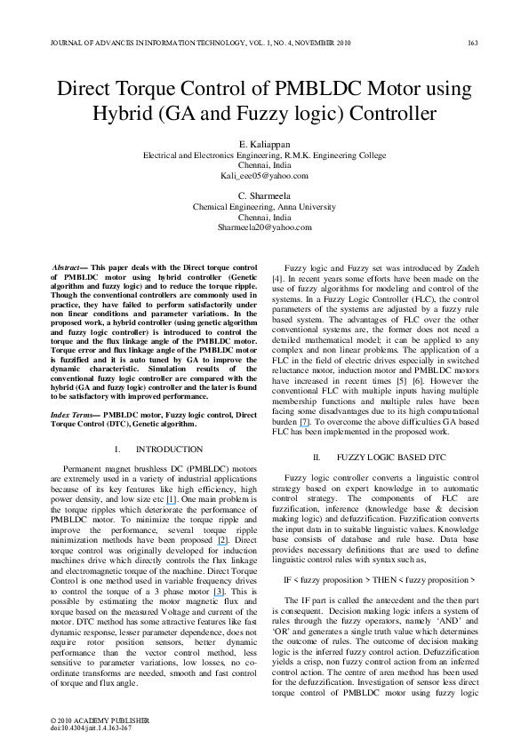 (PDF) Direct torque control of PMBLDC motor using hybrid (GA and fuzzy logic) controller | sayee ...