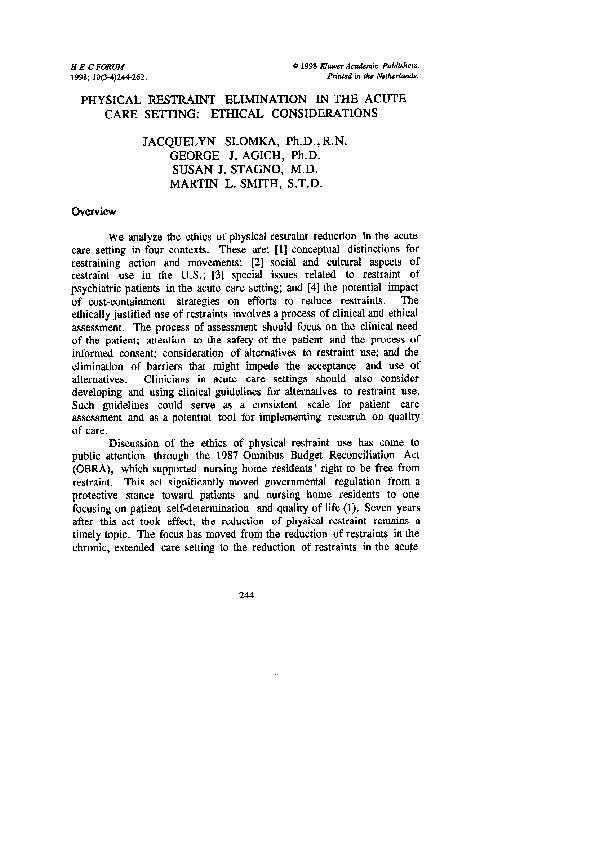 (PDF) Physical Restraint Elimination in the Acute Care Setting: Ethical ...
