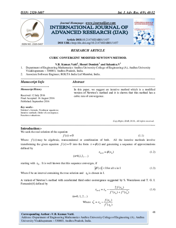 (PDF) CUBIC CONVERGENT MODIFIED NEWTON'S METHOD